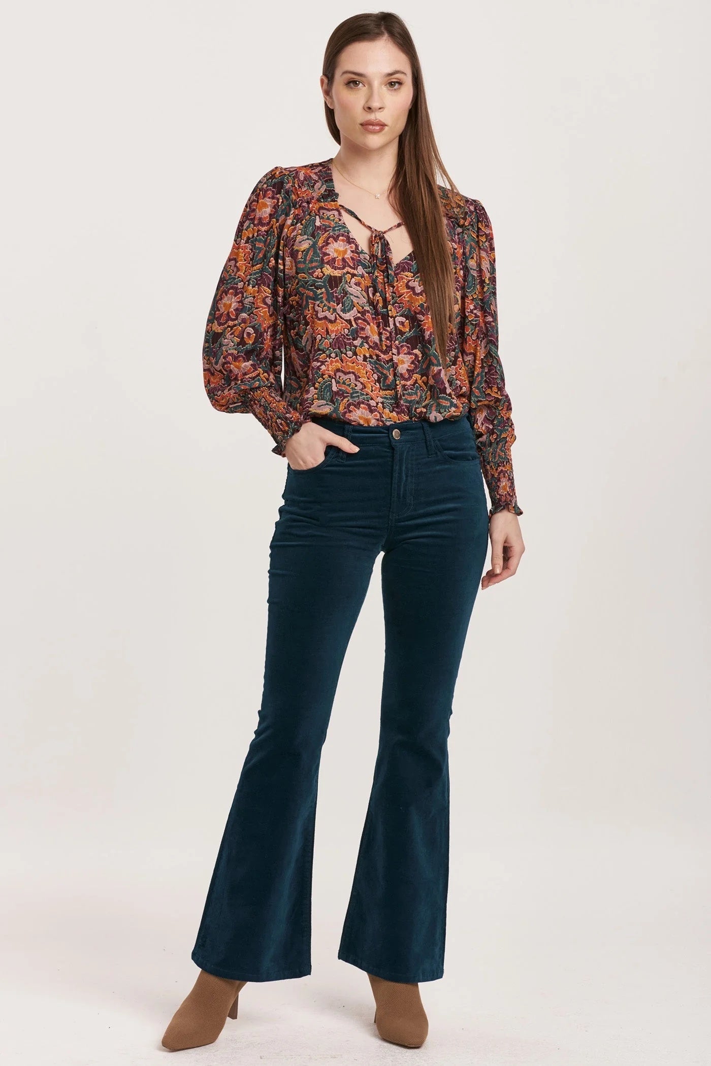Dear John Rosa Teal Velveteen Full Inseam Flare Pants | Aine's Boutique